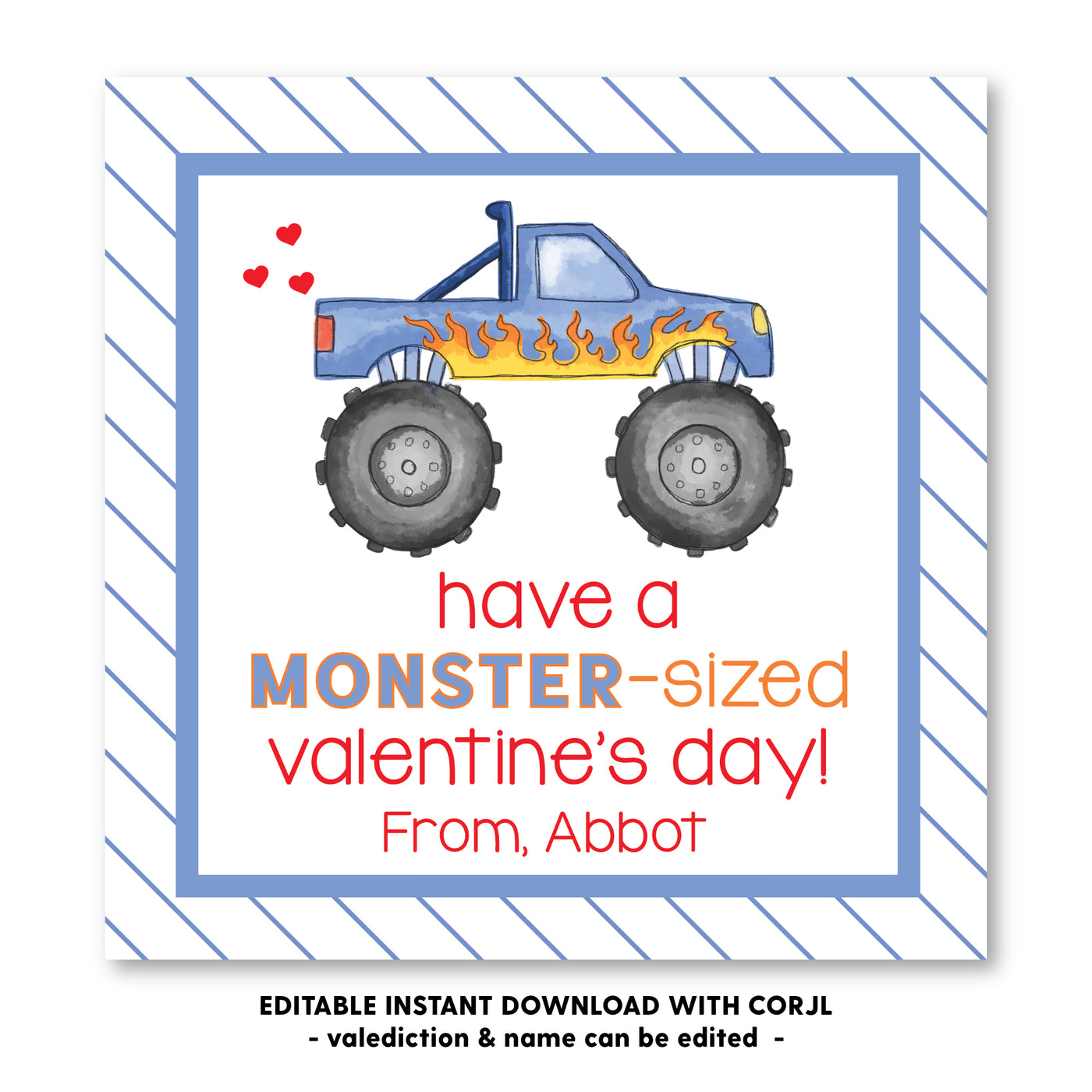 Monster Truck Valentines Tag - Self-Edit, Print at Home ...